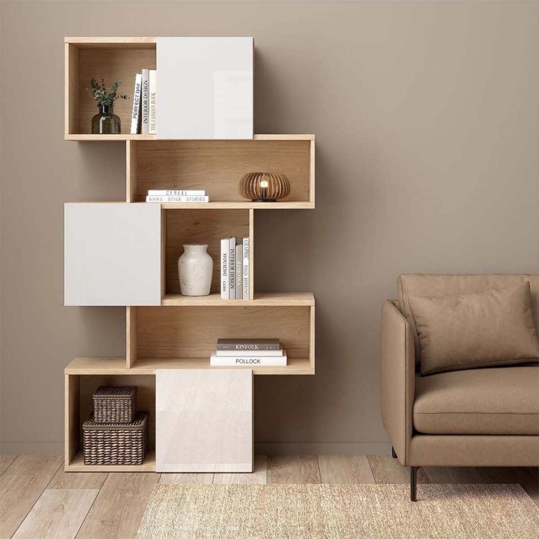 JUHL Asymmetrical Design 4 Shelf Open Bookcase in Hickory / White